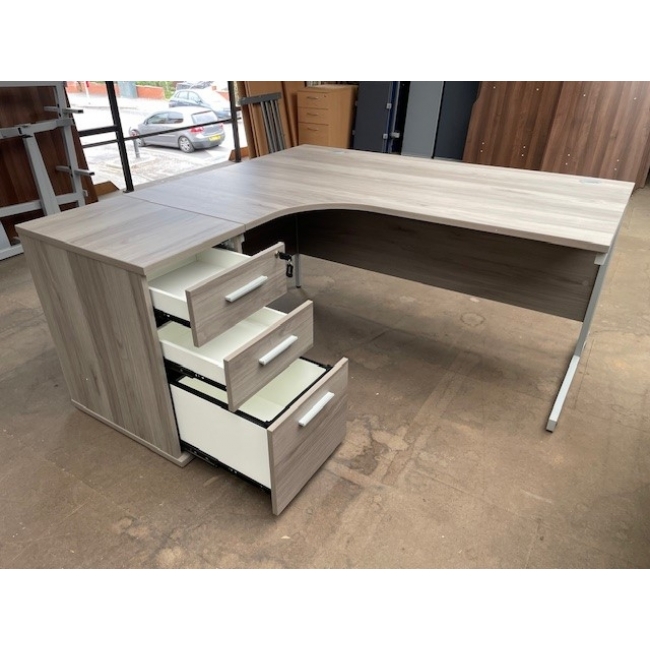 1600 Left-Hand Crescent Desk With 3 Drawer D/H Pedestal GREY OAK ...